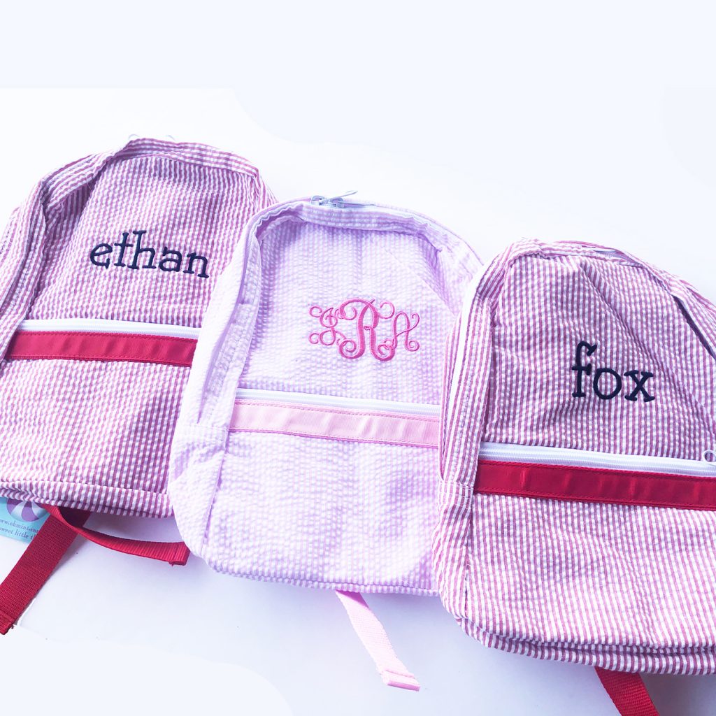 Monogrammed Red Seersucker Backpack